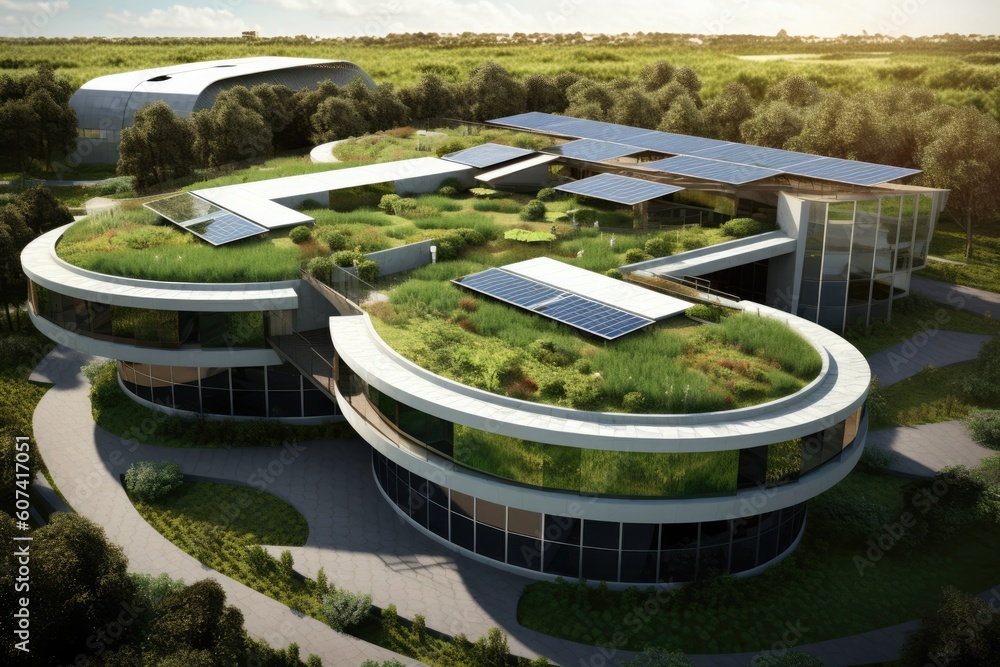 Sustainable business architecture building with green roofs, solar ...