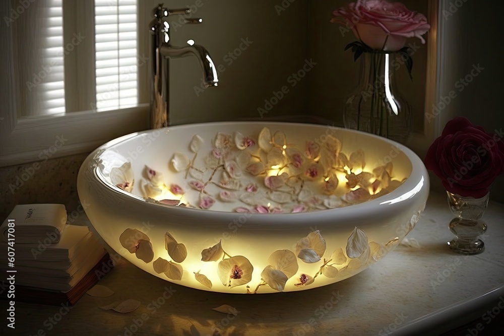 round white wash basin with floating candles and rose petals for ...
