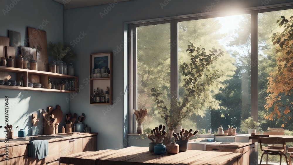 Modern Kitchen Room Illustrator Depicts Coastal Com. T Kitchen With ...