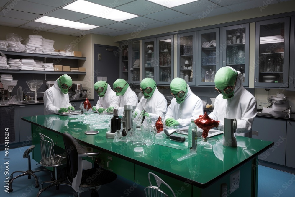 science lab, with alien students conducting experiments and undertaking ...