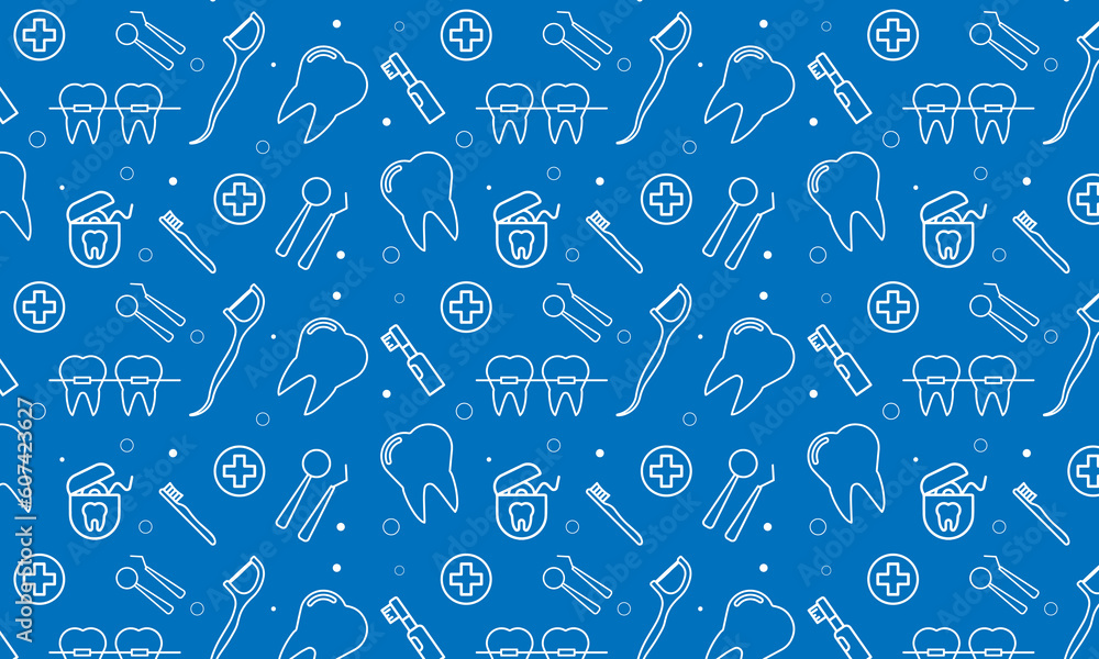 Dentist, orthodontics blue seamless pattern with line icons. Dental ...