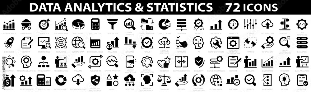 Data analytics 72 icon set. Database icons. Big data analysis technology symbol. Graphs, traffic ...