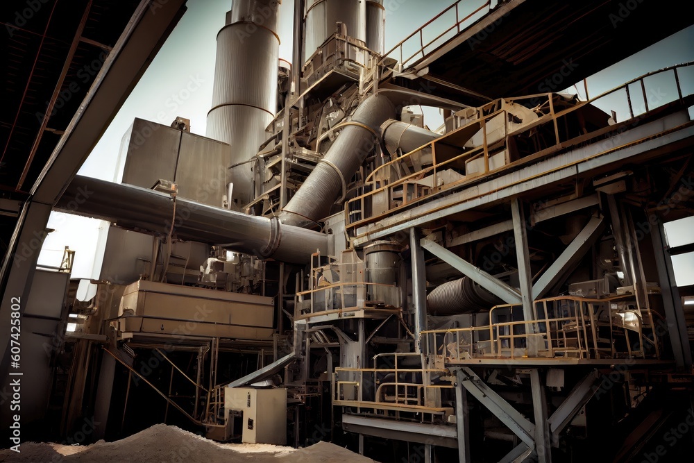 pulp and paper mill, with towering machines and conveyor belts for ...