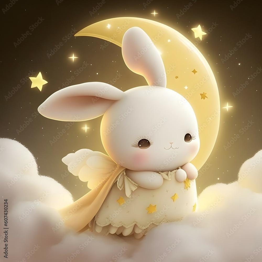 a cute and sweet baby pixar style white fairy tinny rabbit Riding Lean ...