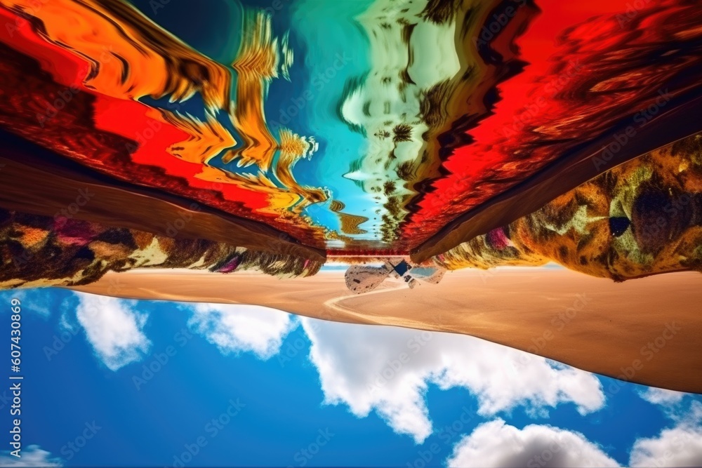 abstract and surreal landscape with upside-down sky, crazy colors, and ...