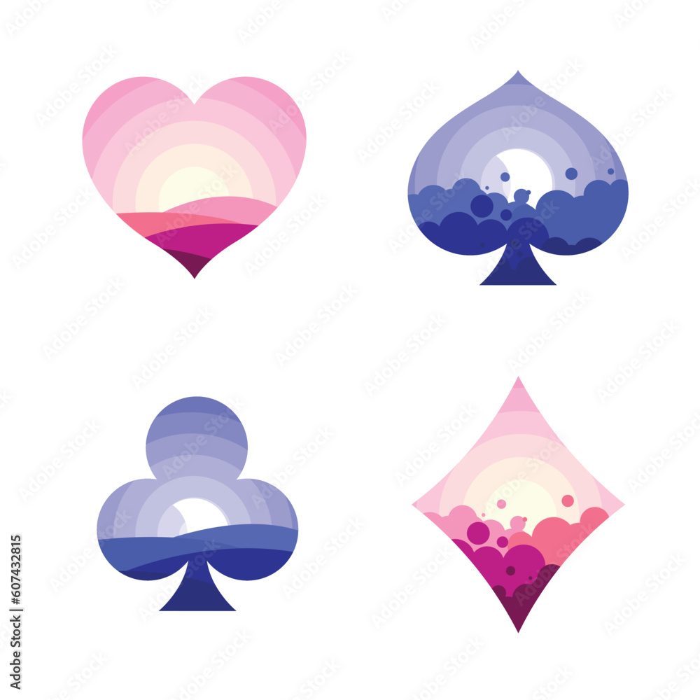 Suits of playing cards with stylized landscapes. Vector illustration ...