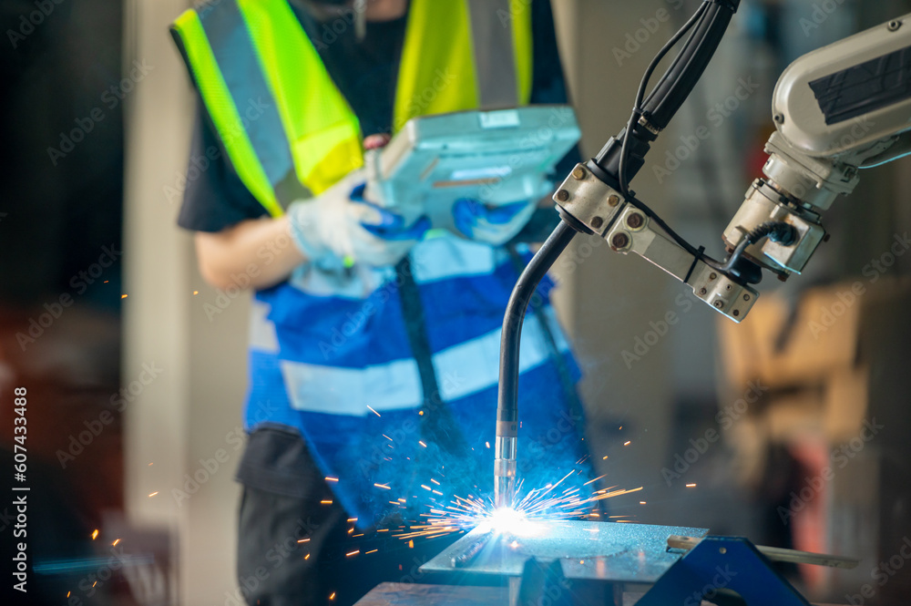 Engineer control robot arm machine welding steel, worker using forcing ...