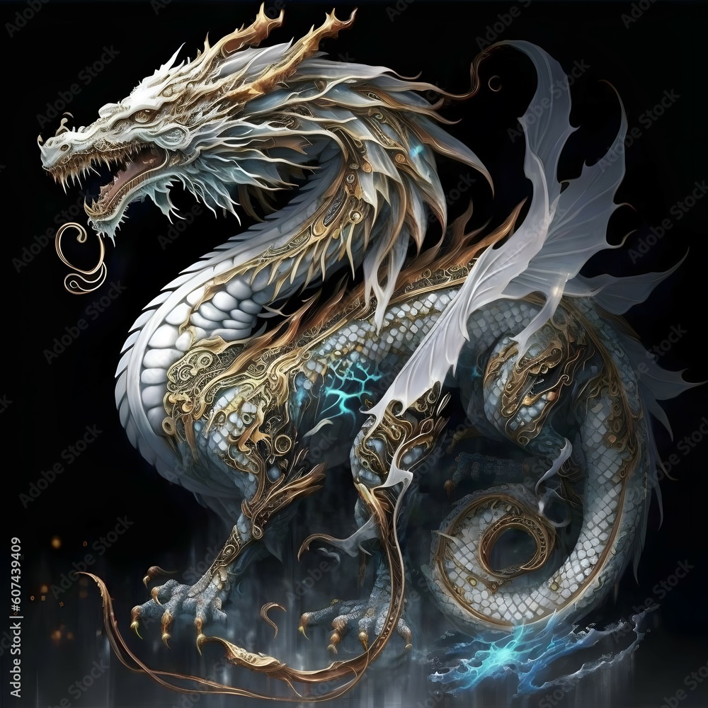 The highly detailed and beautiful white dragon god animal patterns in ...