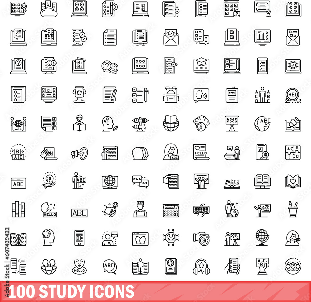 100 study icons set. Outline illustration of 100 study icons vector set ...