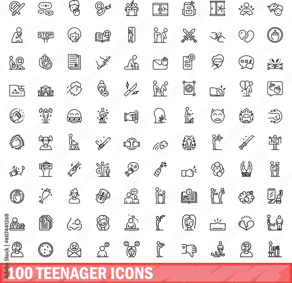 100 teenager icons set. Outline illustration of 100 teenager icons ...