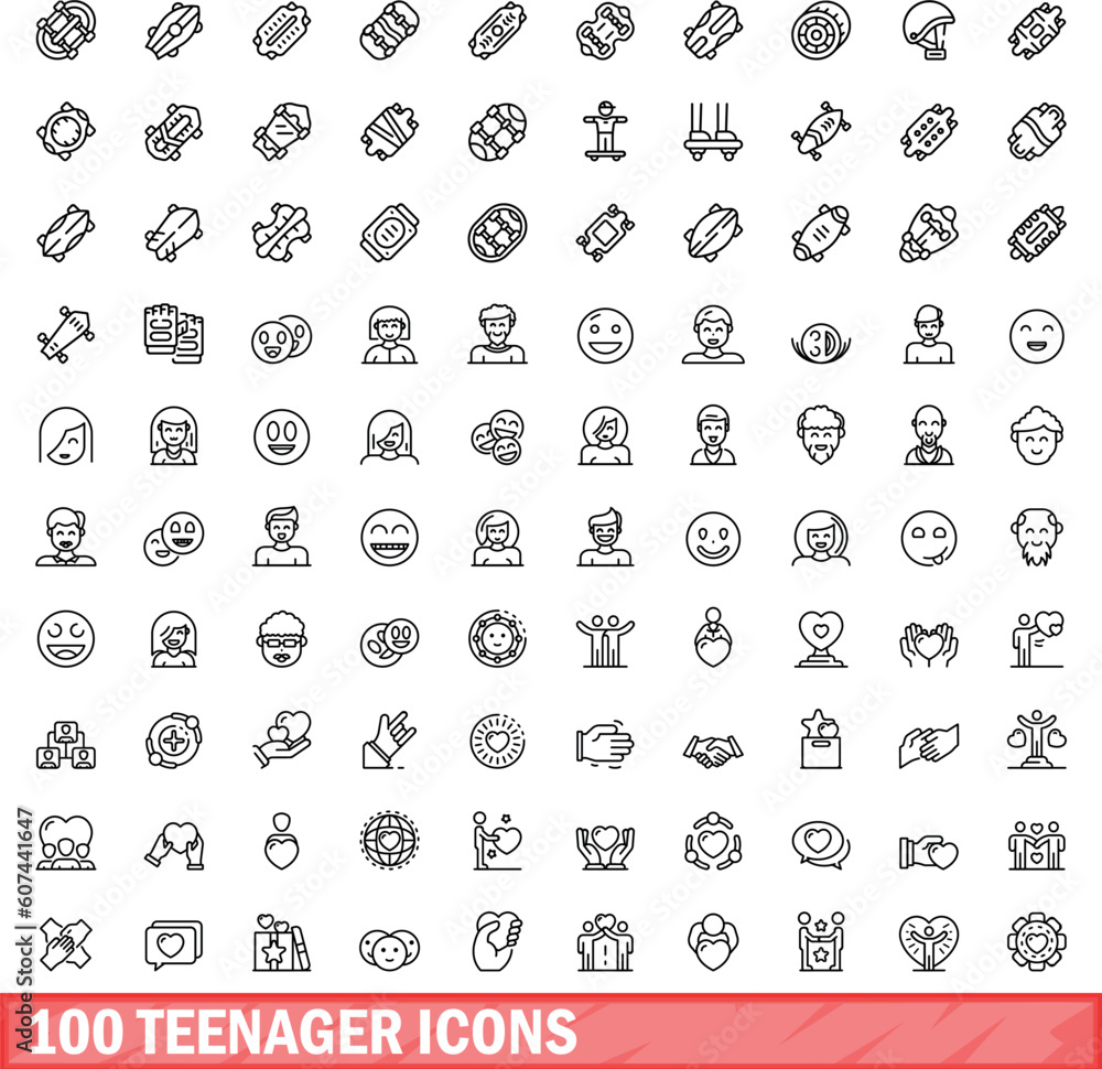 100 teenager icons set. Outline illustration of 100 teenager icons ...