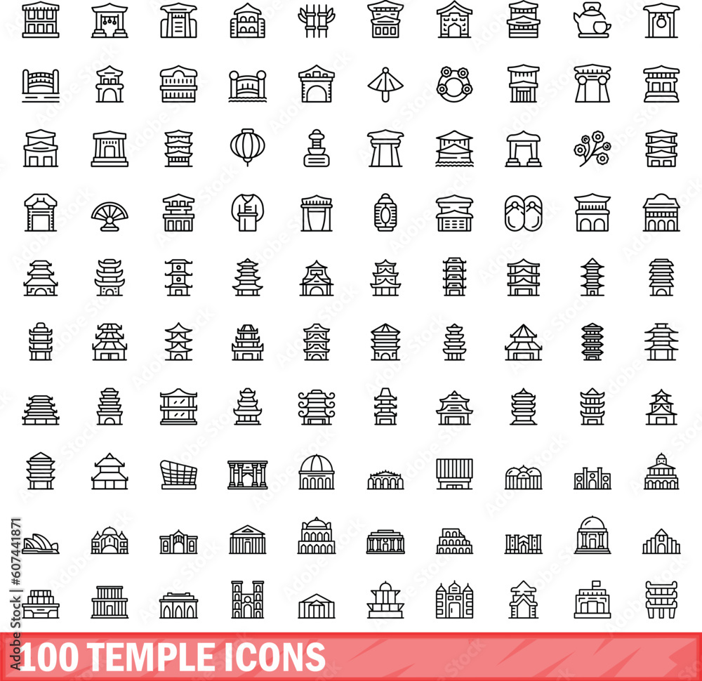100 temple icons set. Outline illustration of 100 temple icons vector ...