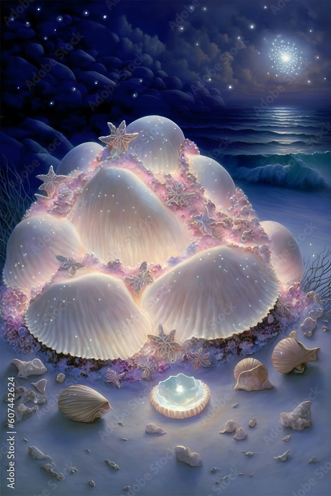 a cg rendering of many beautiful pale white large shells and pale pink ...