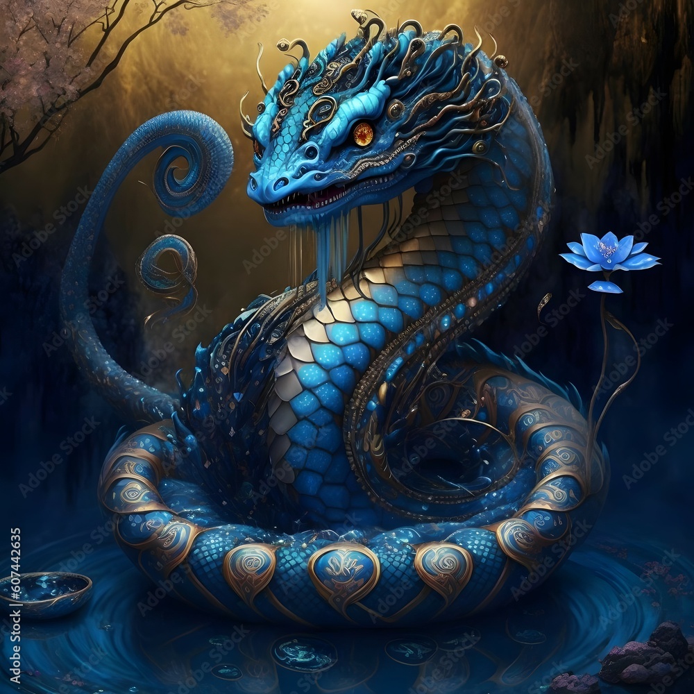 Highly detailed and beautiful blue ancient Chinese mythology Cute snake ...