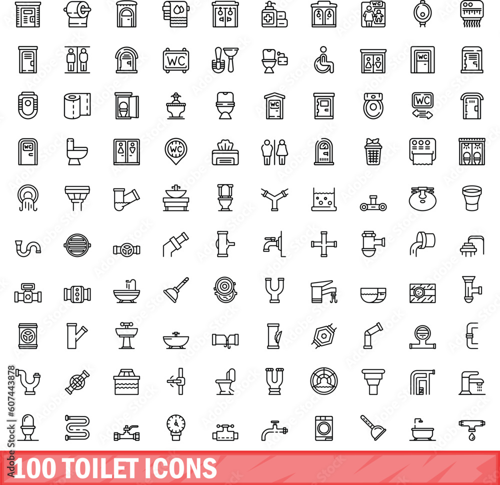 100 toilet icons set. Outline illustration of 100 toilet icons vector ...