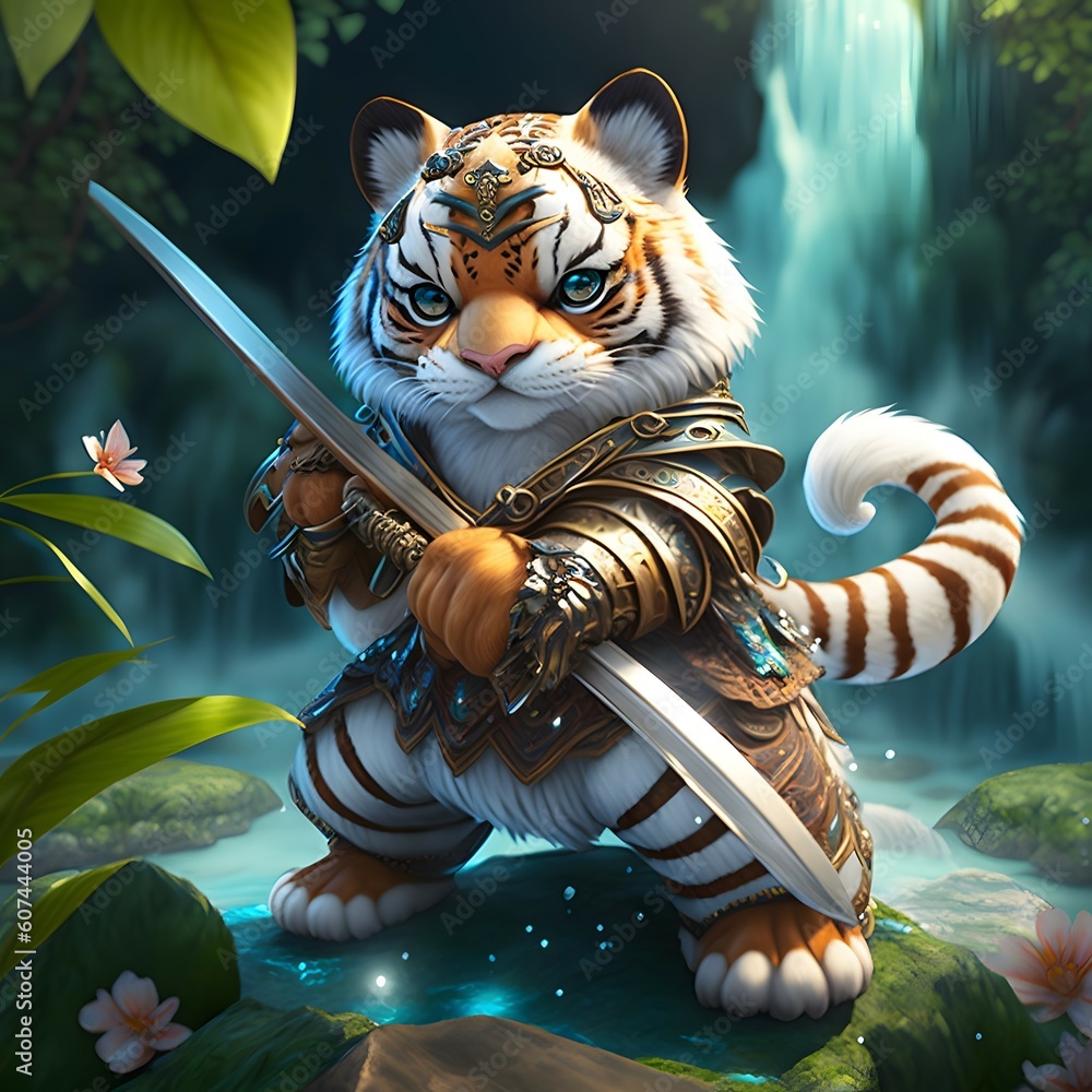 A lovely anthropomorphic tiger with a happy smile, carrying a Chinese ...