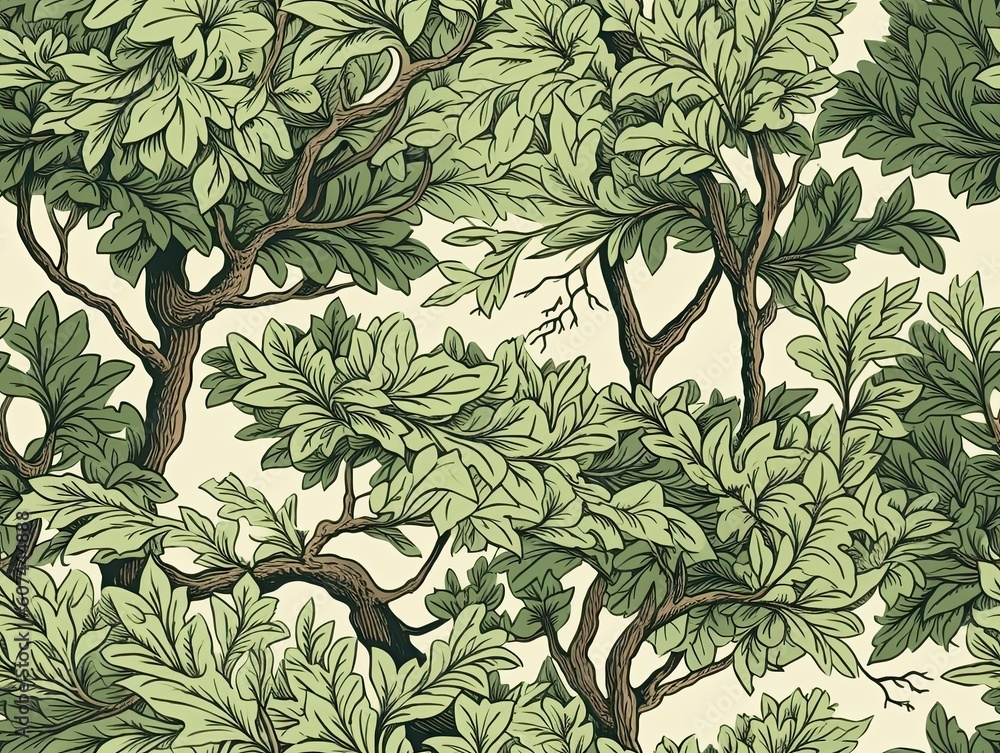 Seamless botanical pattern with beautiful tree illustration, wallpaper ...