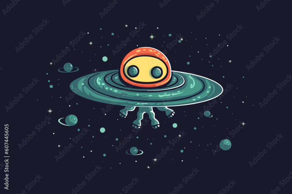 Doodle inspired Alien flying in space, cartoon sticker, sketch, vector ...