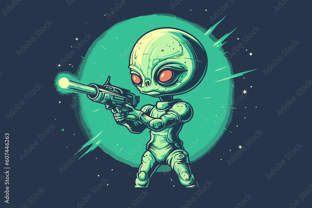 Doodle inspired Alien using a ray gun, cartoon sticker, sketch, vector ...