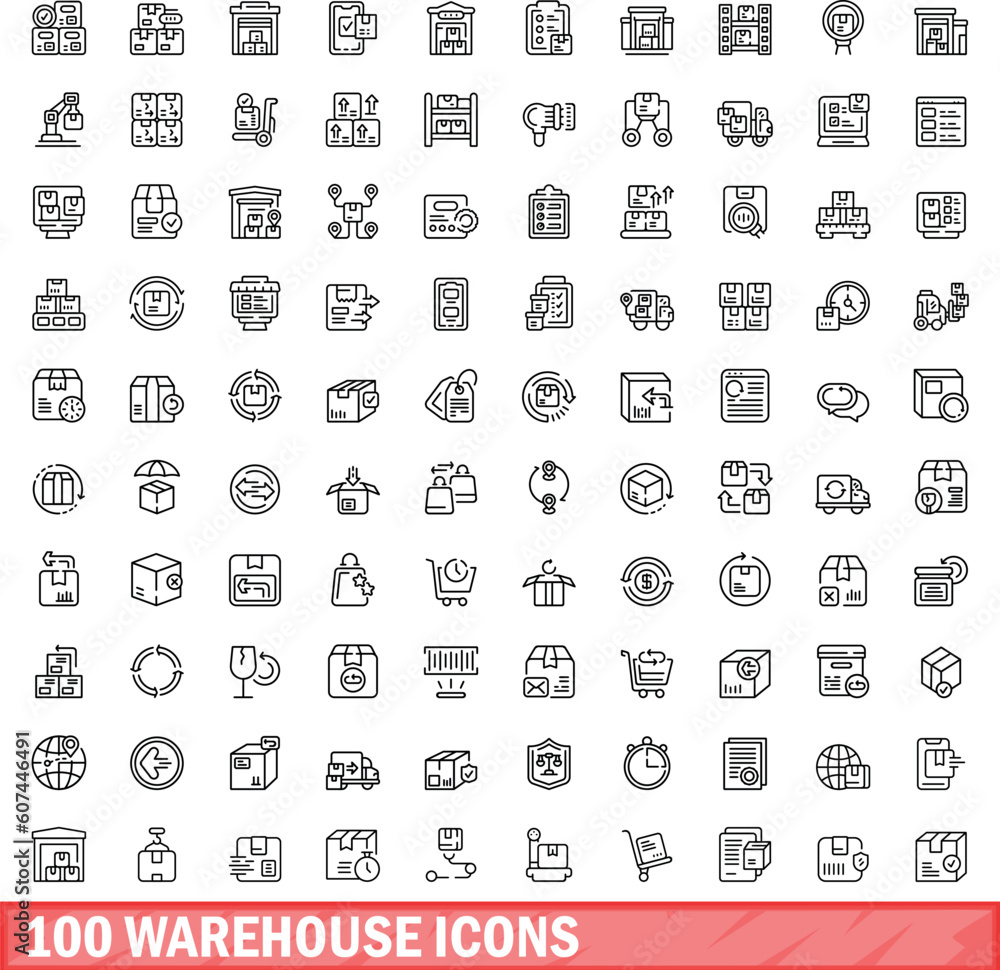 100 warehouse icons set. Outline illustration of 100 warehouse icons ...