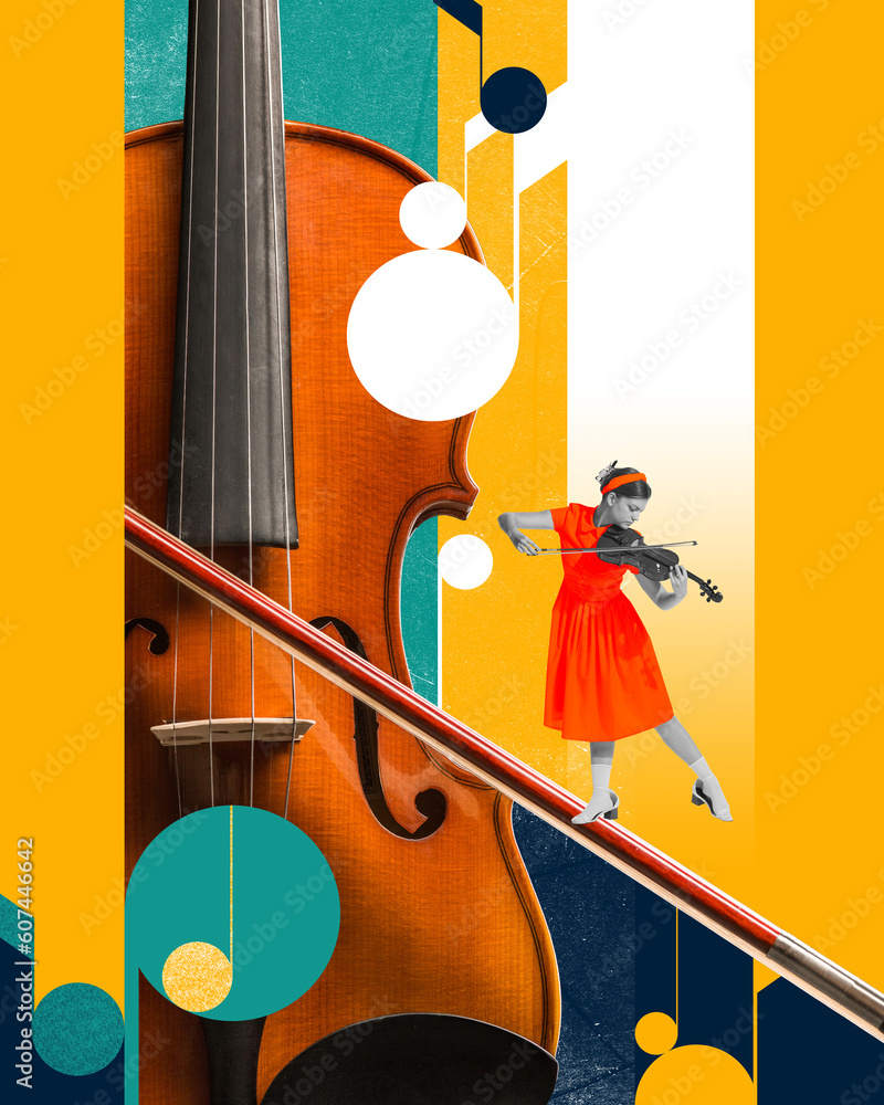 Young talented girl playing tender music with violin over abstract ...