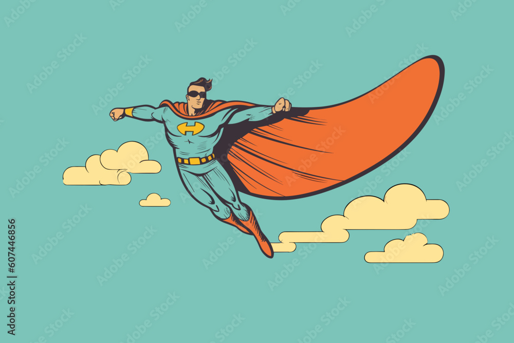 Vetor de Doodle inspired Superhero flying through the sky, cartoon ...