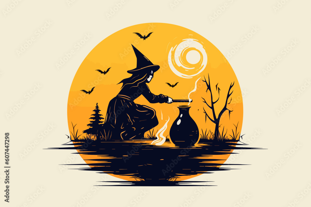 Doodle inspired Witch brewing a potion, cartoon sticker, sketch, vector ...