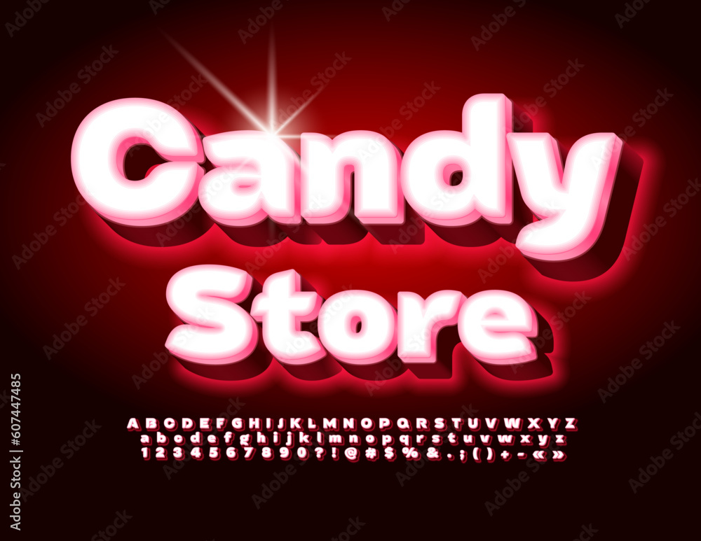 Vector advertising Poster Candy Store. Modern Glowing Font. Creative 3D ...