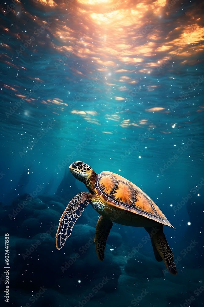 milky way lighting up the sky and the ocean, turquoise blue, sea turtle ...
