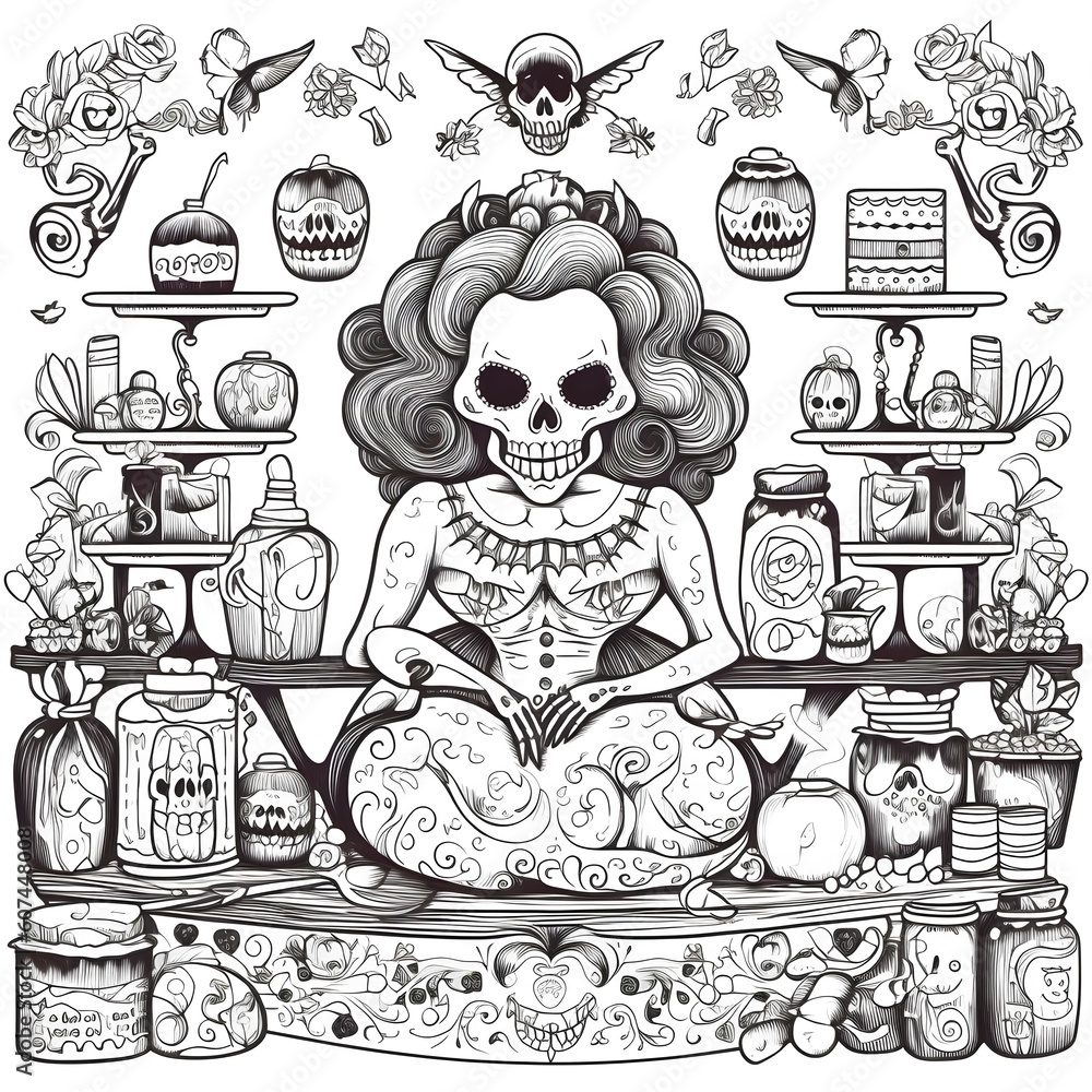 fat chubby voodoo mama, day of the dead, potions, candles, bottles ...