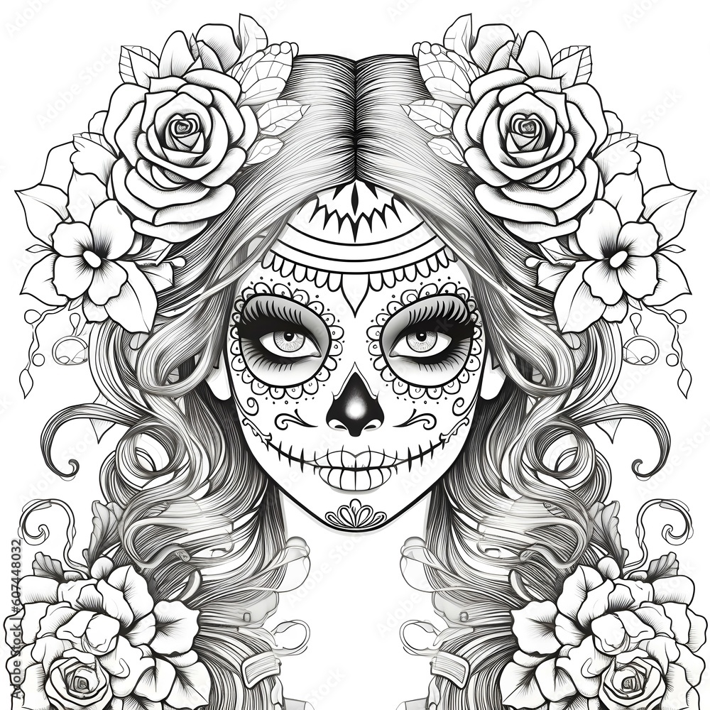 beautiful young woman, sugar skull makeup, leather jacket ,day of the ...