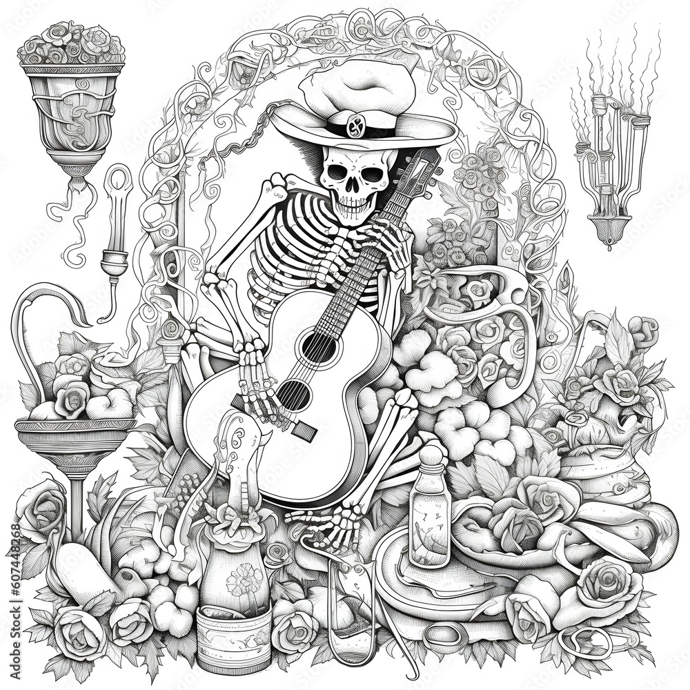 day of the dead, skeleton dragon, roses, maracas, lantern lights ...