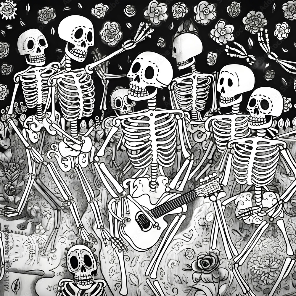 day of the dead, dancing skeletons, creepy cute, high detail adult ...