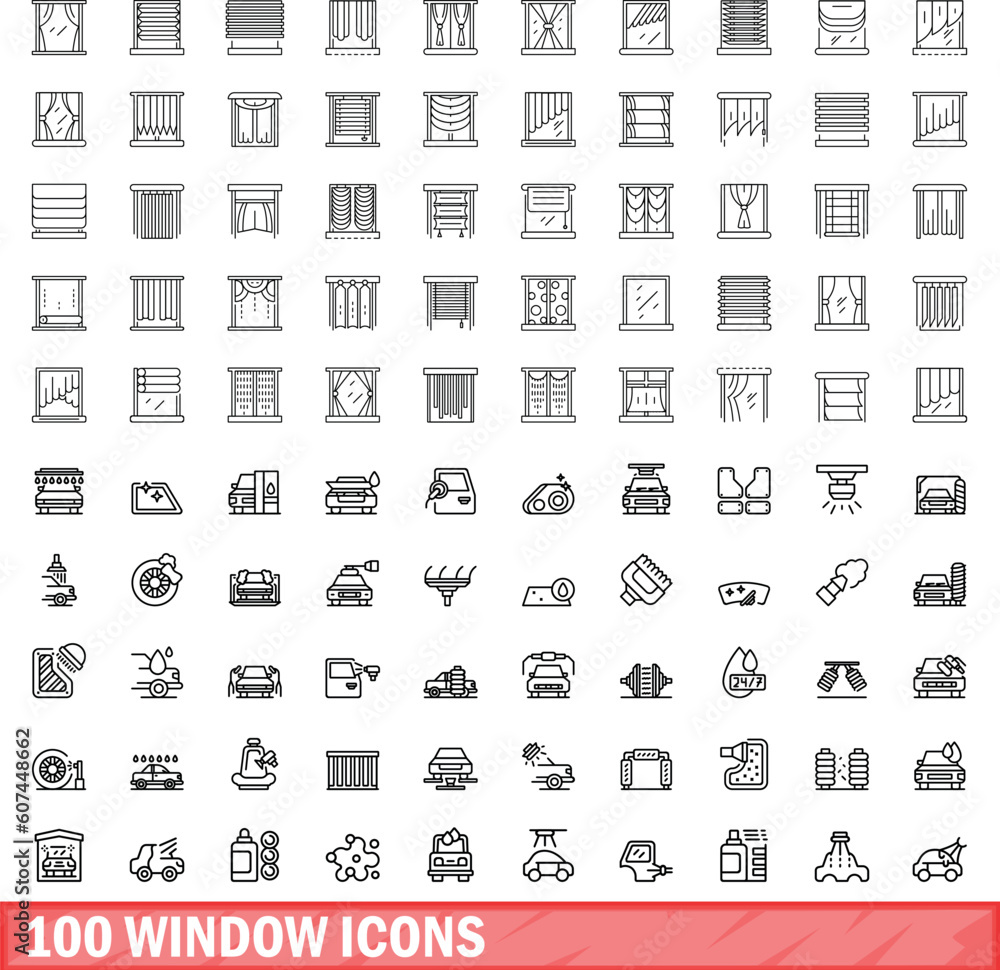 100 window icons set. Outline illustration of 100 window icons vector ...