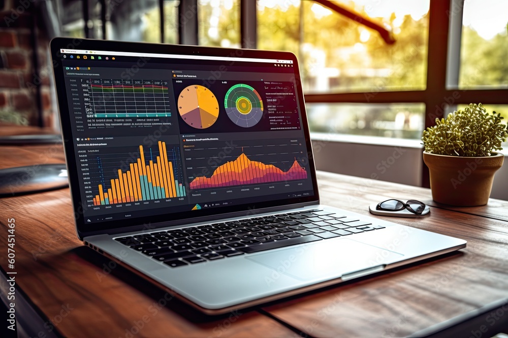 Computer laptop and dashboard for data business analysis and Data Management System with KPI and ...