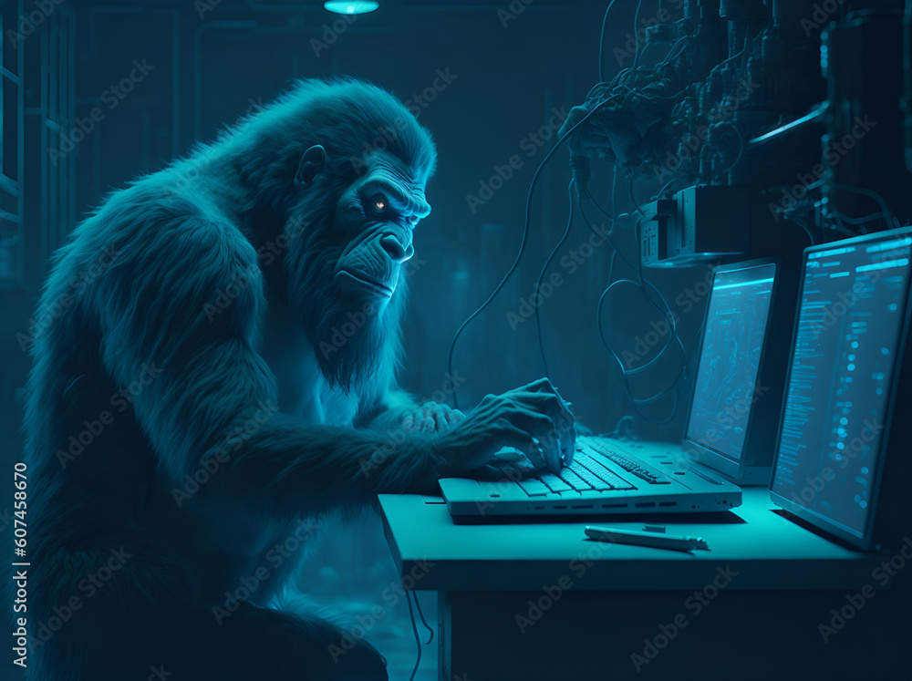 Neanderthal with a computer in an fuuturistic office Stock Illustration ...