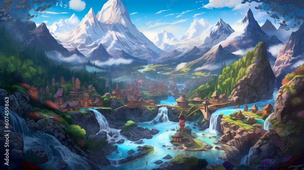 The fantasy valley is surrounded by mountains and a river in the ...
