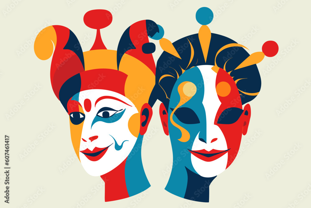 Doodle inspired Jester painting faces, cartoon sticker, sketch, vector ...