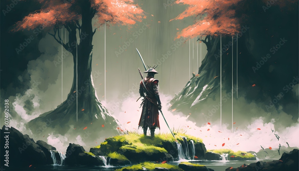 samurai standing in waterfall garden with swords on the ground, digital ...