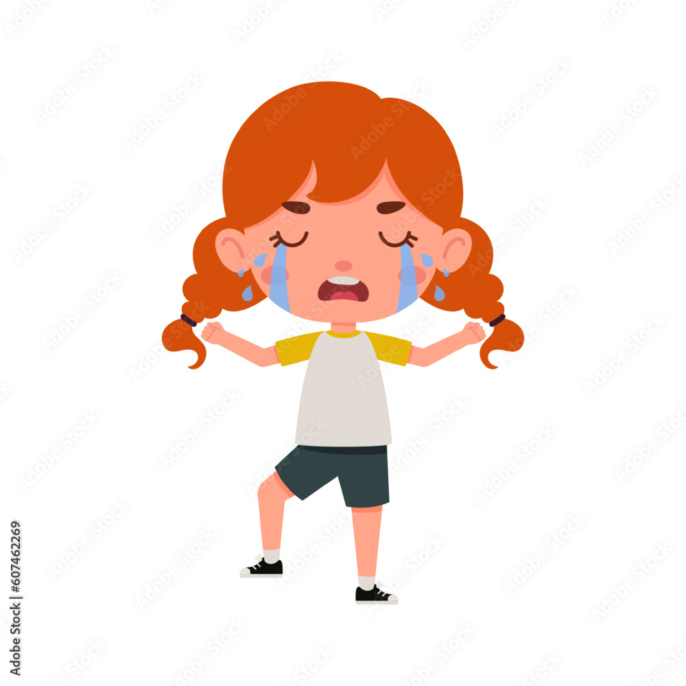 Cute little kid girl with red hair cry. Cartoon schoolgirl character ...