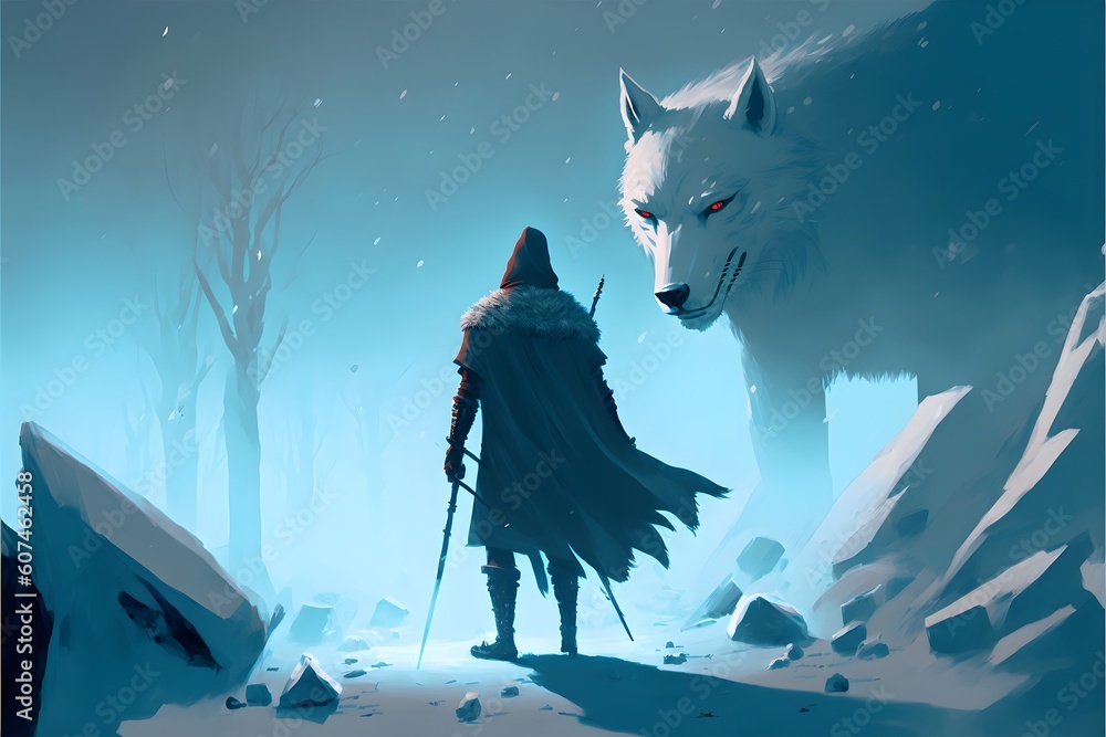 The man in the hood with spear faceing the giant winter wolf, digital ...