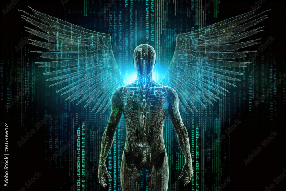 Angel glowing silhouette over background of computer code ...