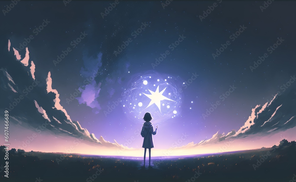 A young girl standing during the day reaching out to grab a star in the ...