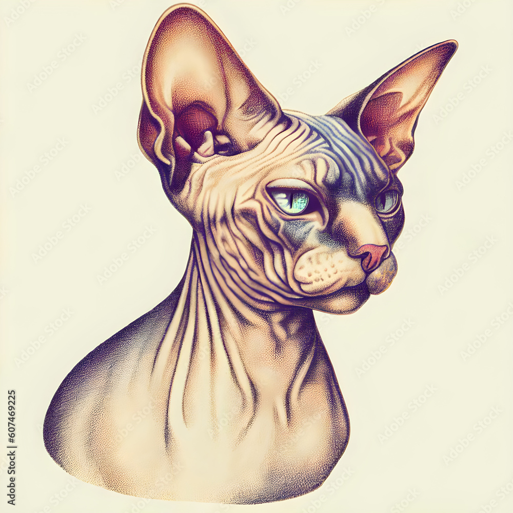 portrait of a sphynx cat pencil drawing illustration isolated on white ...