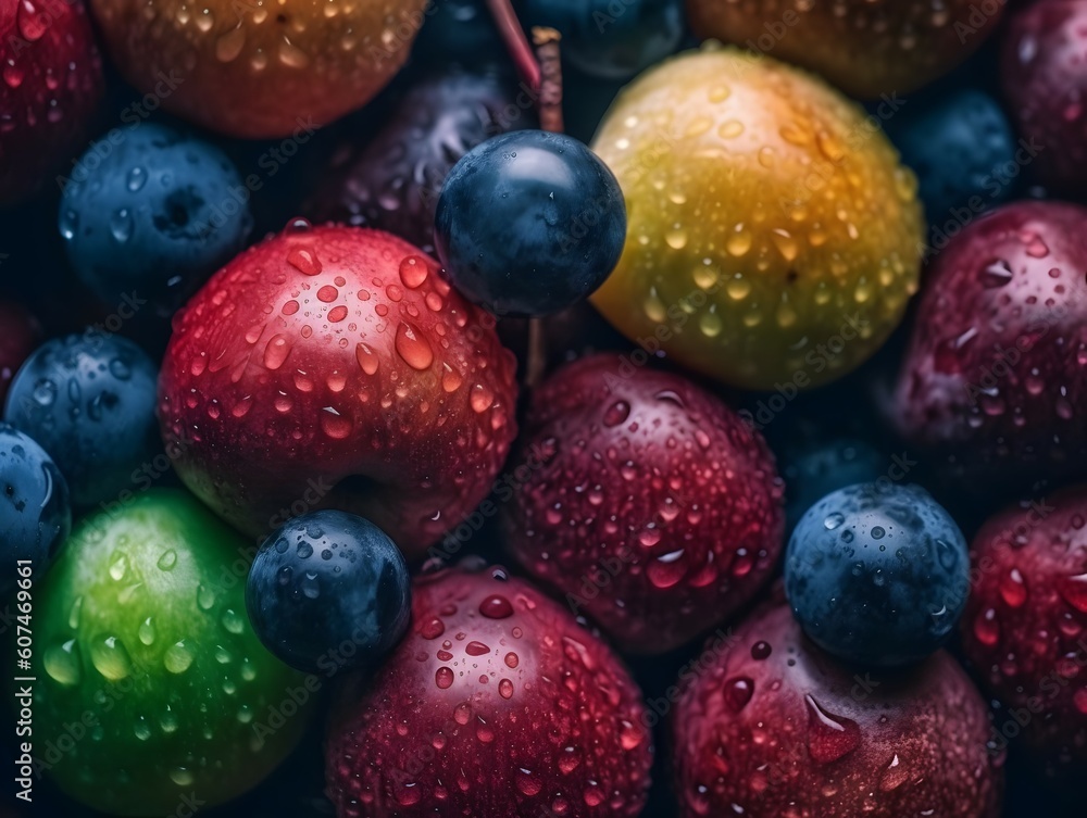 fruits, seamless background, visible drops of water, overhead angle ...