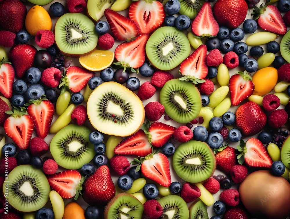 fruits, seamless background, visible drops of water, overhead angle ...