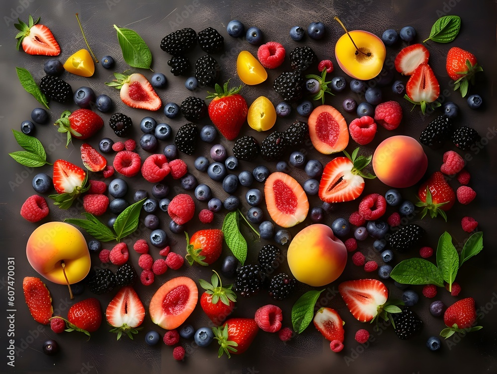 fruits, seamless background, visible drops of water, overhead angle ...