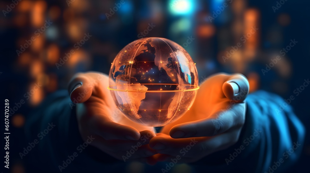 synergy between a robot and a human, hand connected by a lightning bolt ...