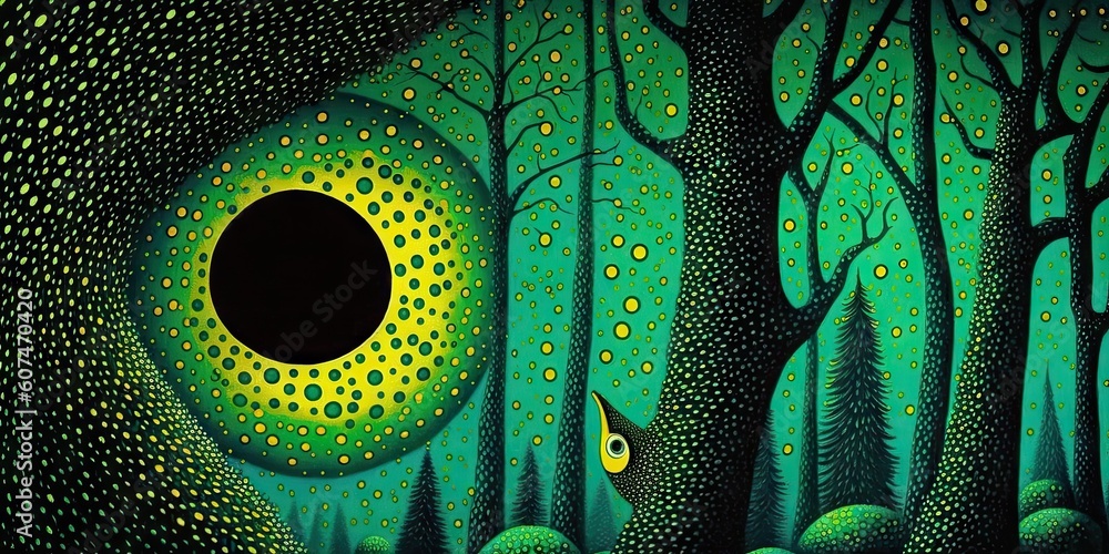 Abstract art of exploring a fanciful surreal forest landscape. Designed ...