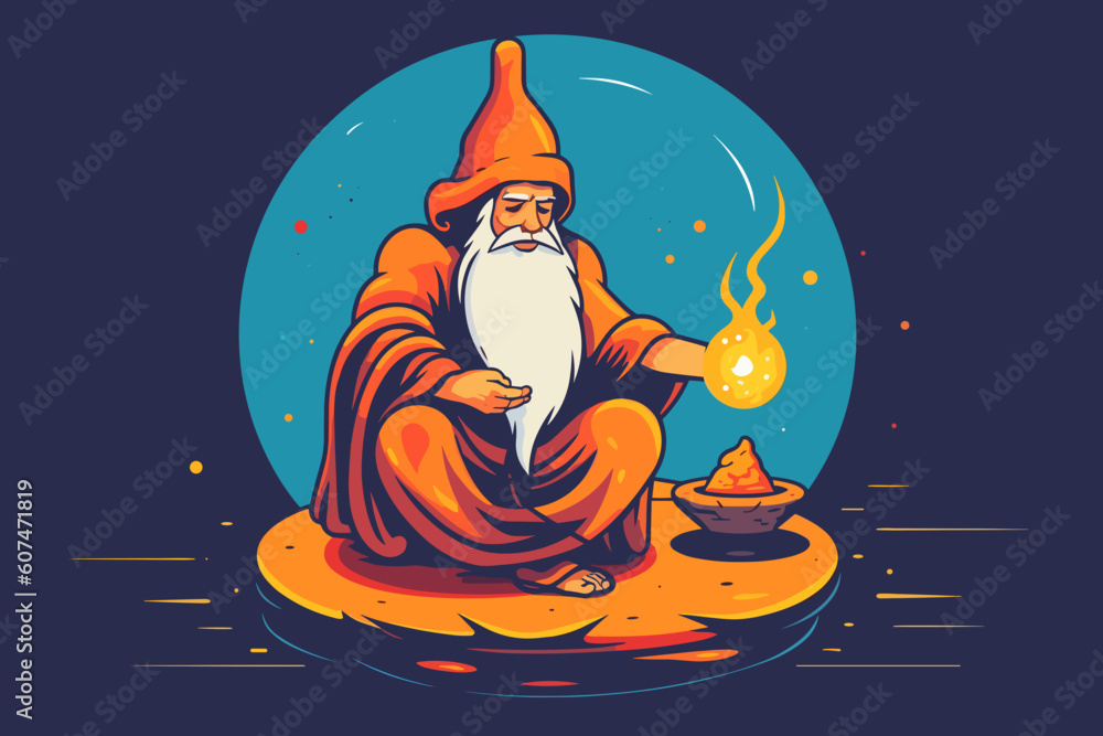 Doodle inspired Sorcerer casting spells, cartoon sticker, sketch ...